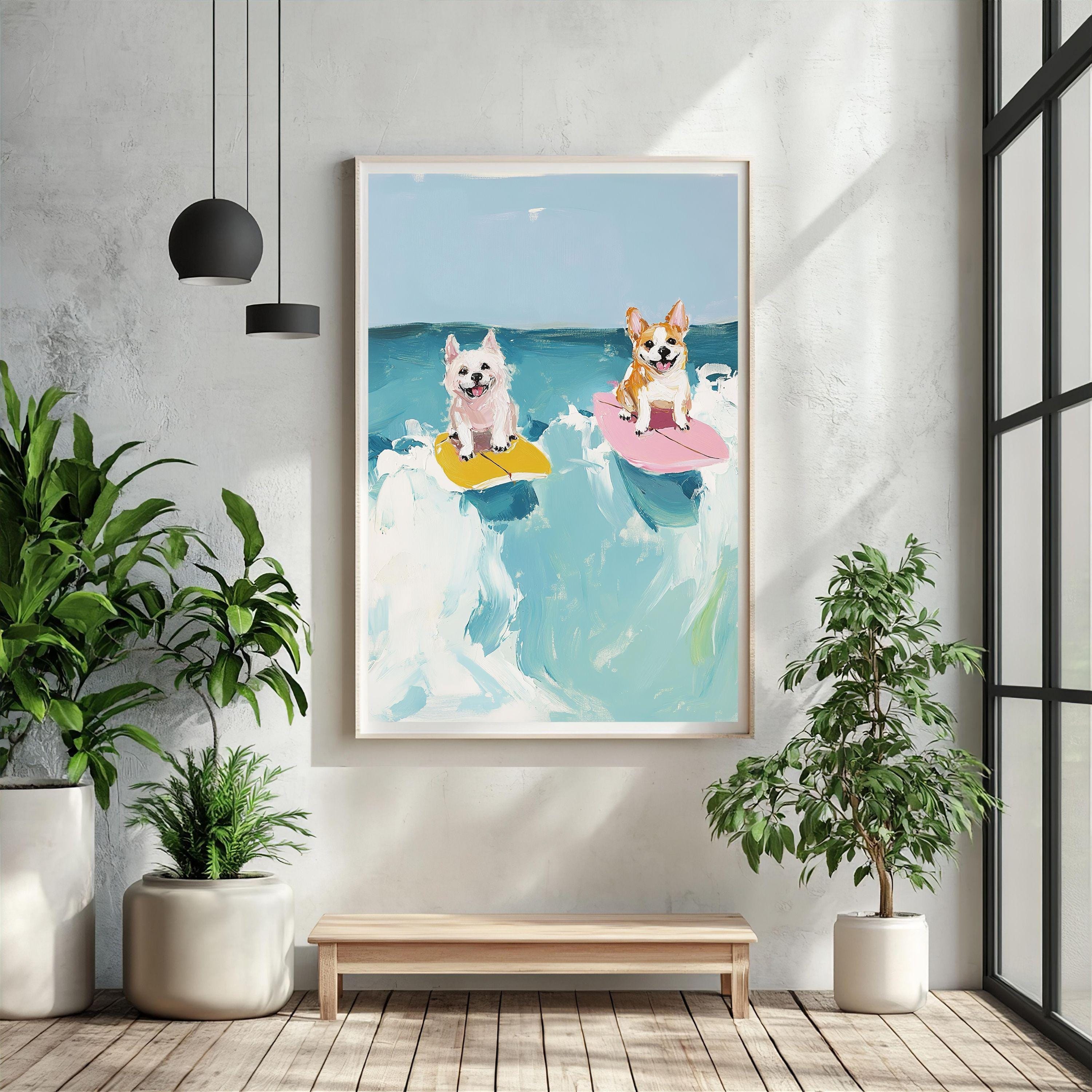 Surfing Dog Art Print | Cute Dog Beach Wall Art | Coastal Pet Decor ...