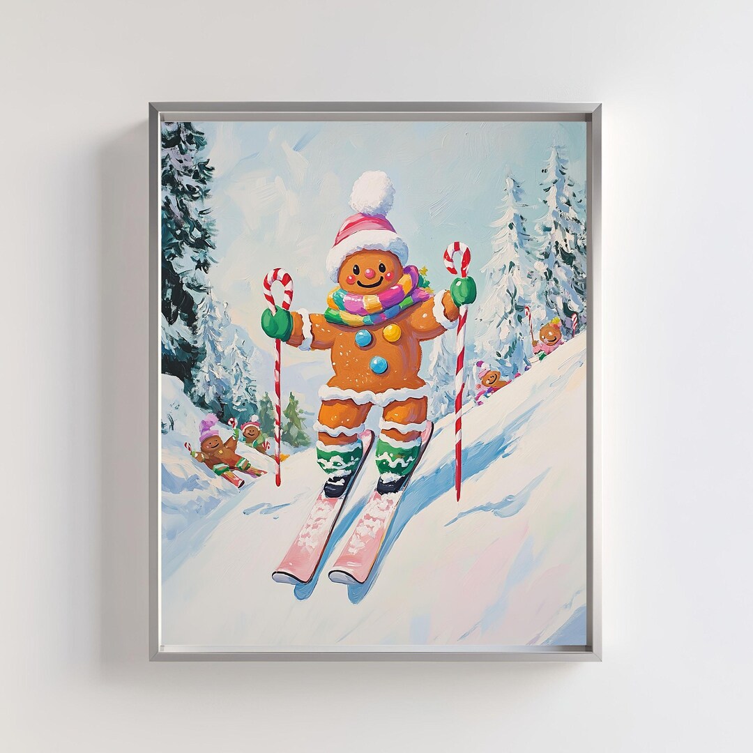 Gingerbread Skiing Printable Art | Whimsical Christmas Scene | Holiday ...