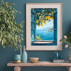 Mediterranean Window View Printable Art – Coastal Lemon Tree Wall Decor ...