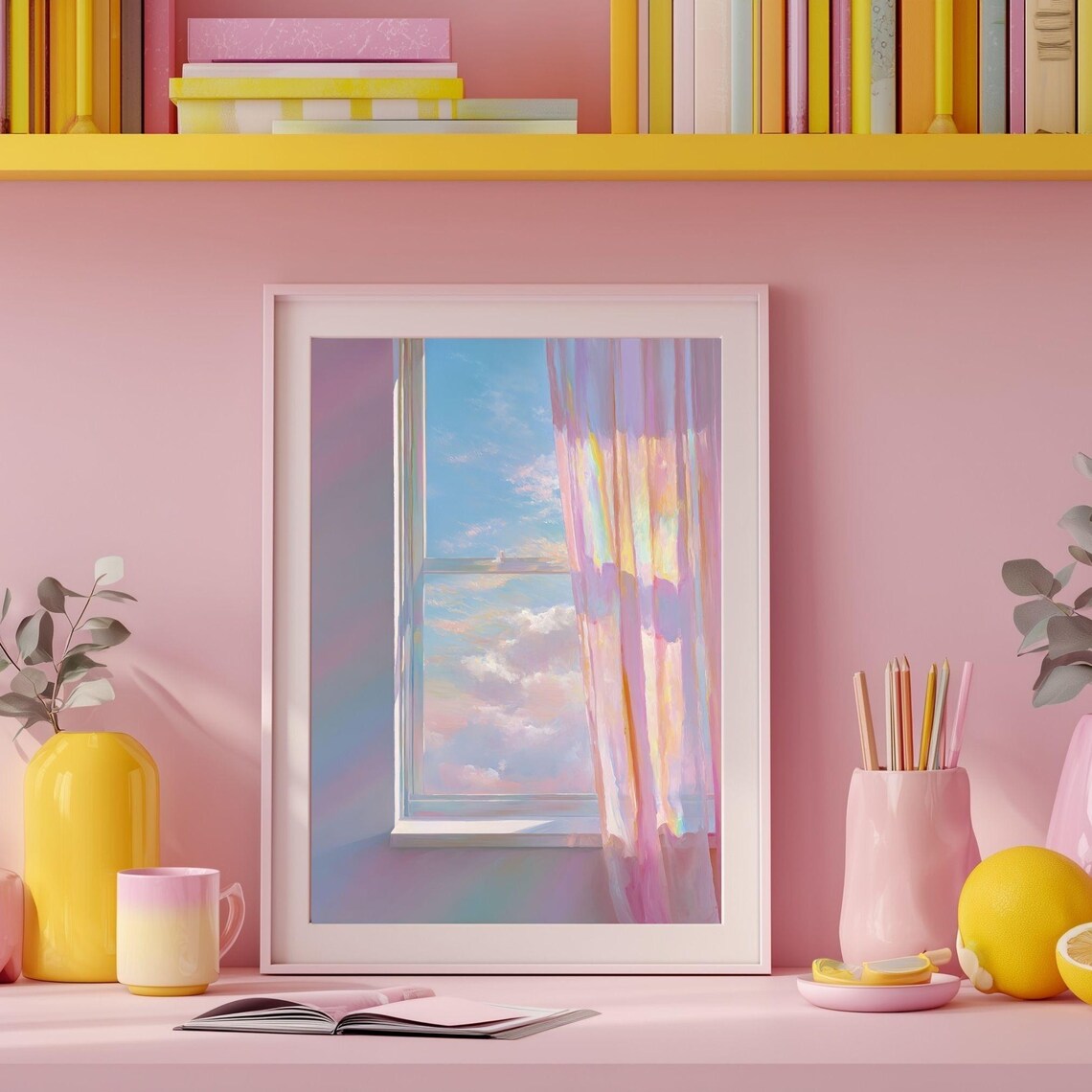 Pastel Window Art Print: Pink Curtains, Rainbow Sky (digital Download ...