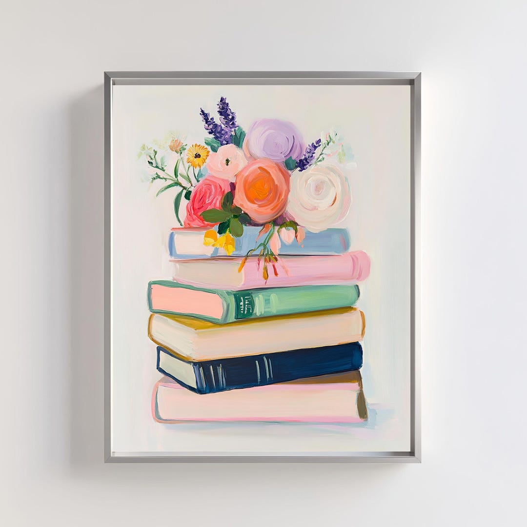 Floral Book Stack Art Print | Pastel Book and Flower Painting | Romantic Home Library Wall Art ...