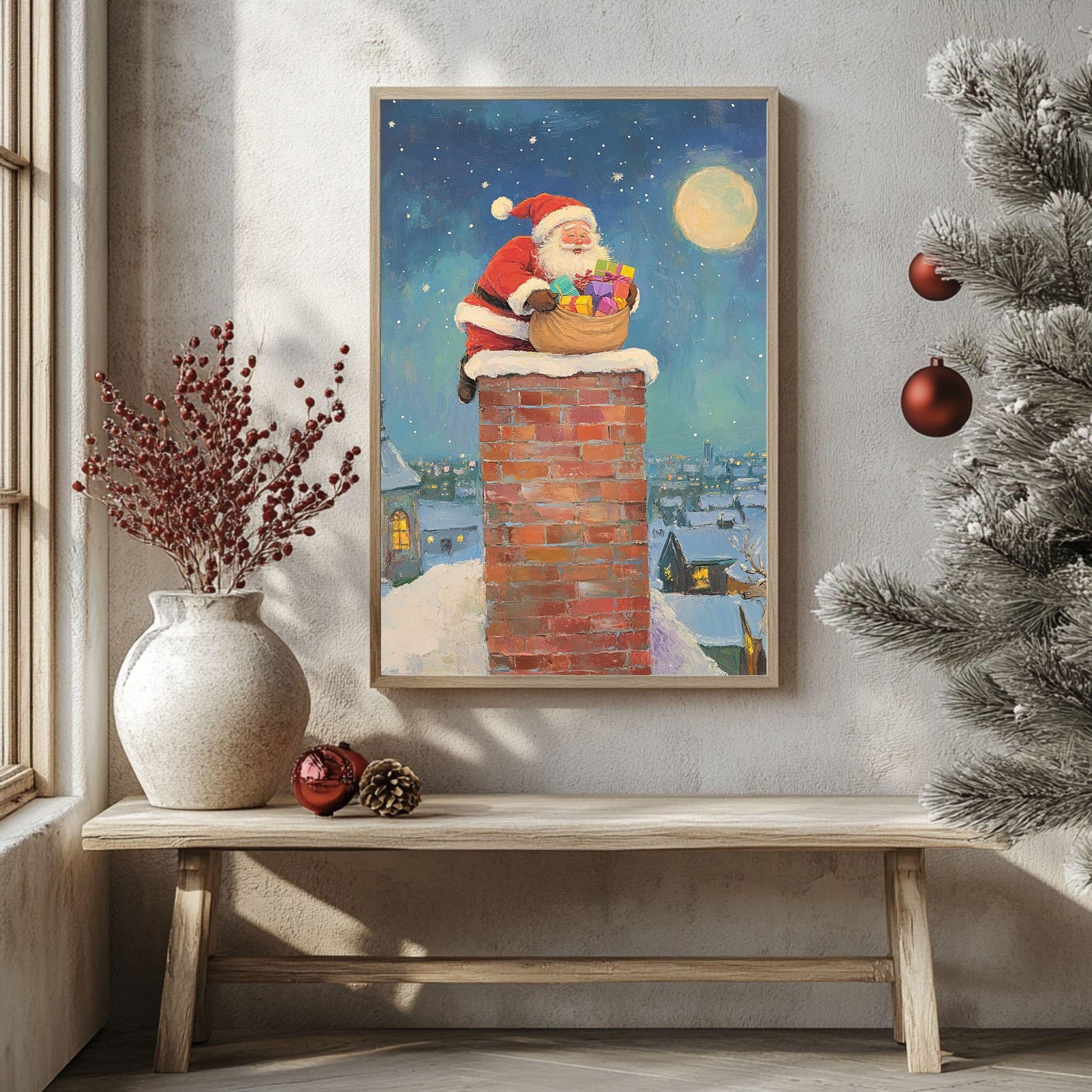 Christmas Chimney Art Santa Claus Illustration With Gifts Festive Wall ...