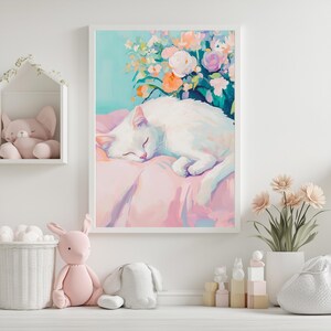 Modern Decorative Cute White Cat Painting | Pastel Flowers Aesthetics ...