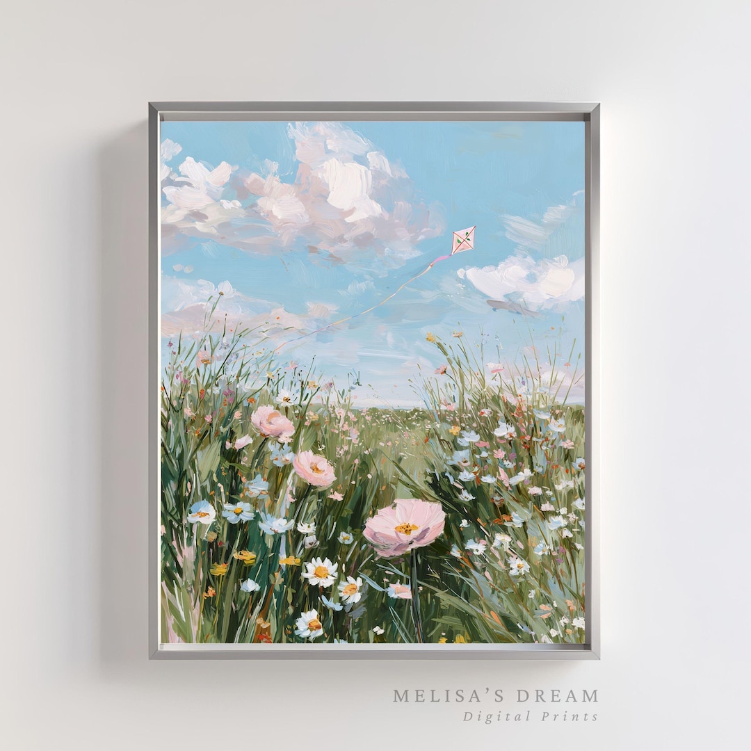 Wildflower Meadow Landscape Print: Pastel Sky Cottagecore Art (digital ...