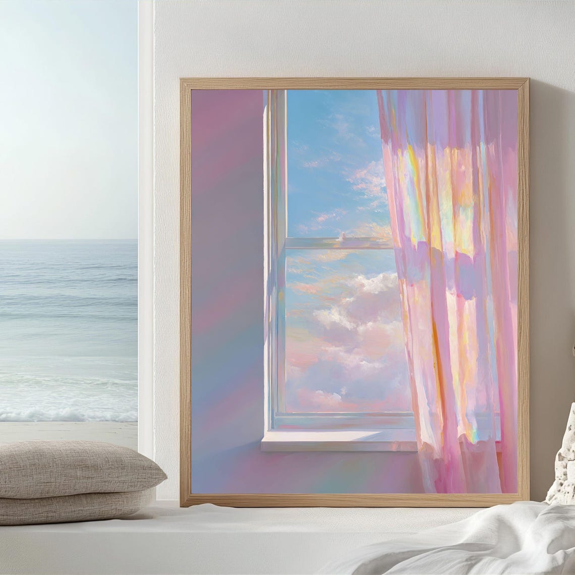 Pastel Window Art Print: Pink Curtains, Rainbow Sky (digital Download ...