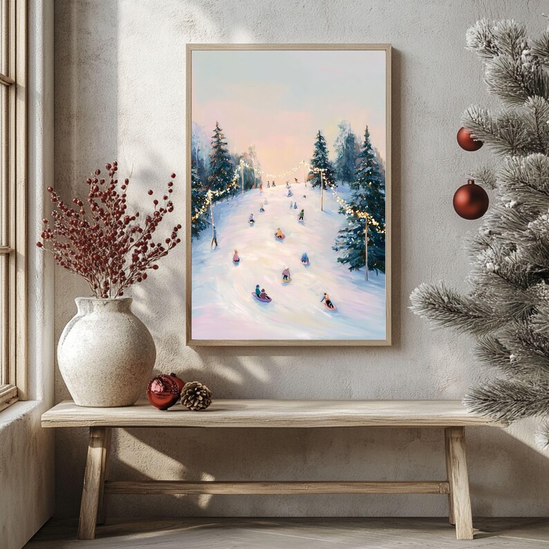 Winter Sledding Scene Art Print | Snowy Landscape, Kids on Hill ...