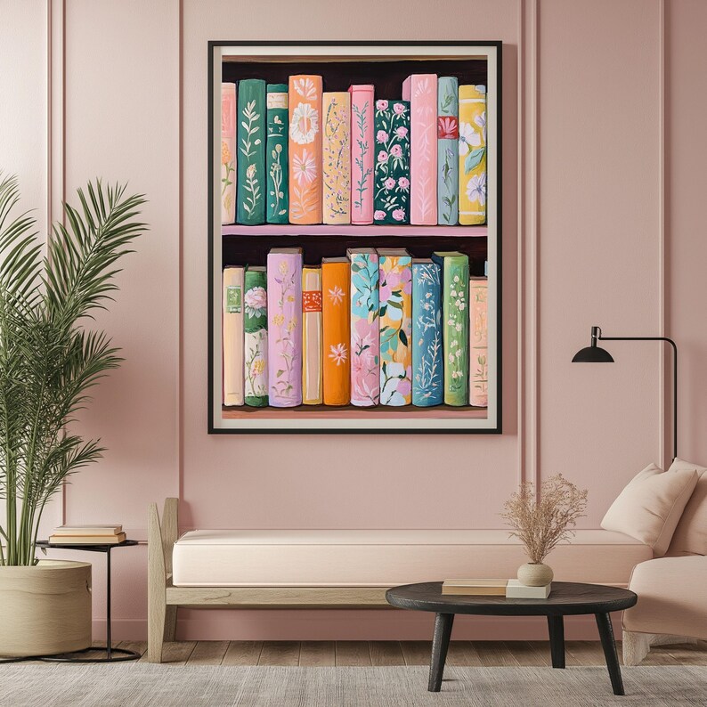 Floral Bookshelf Art Print: Pastel Book Spine Painting (digital ...