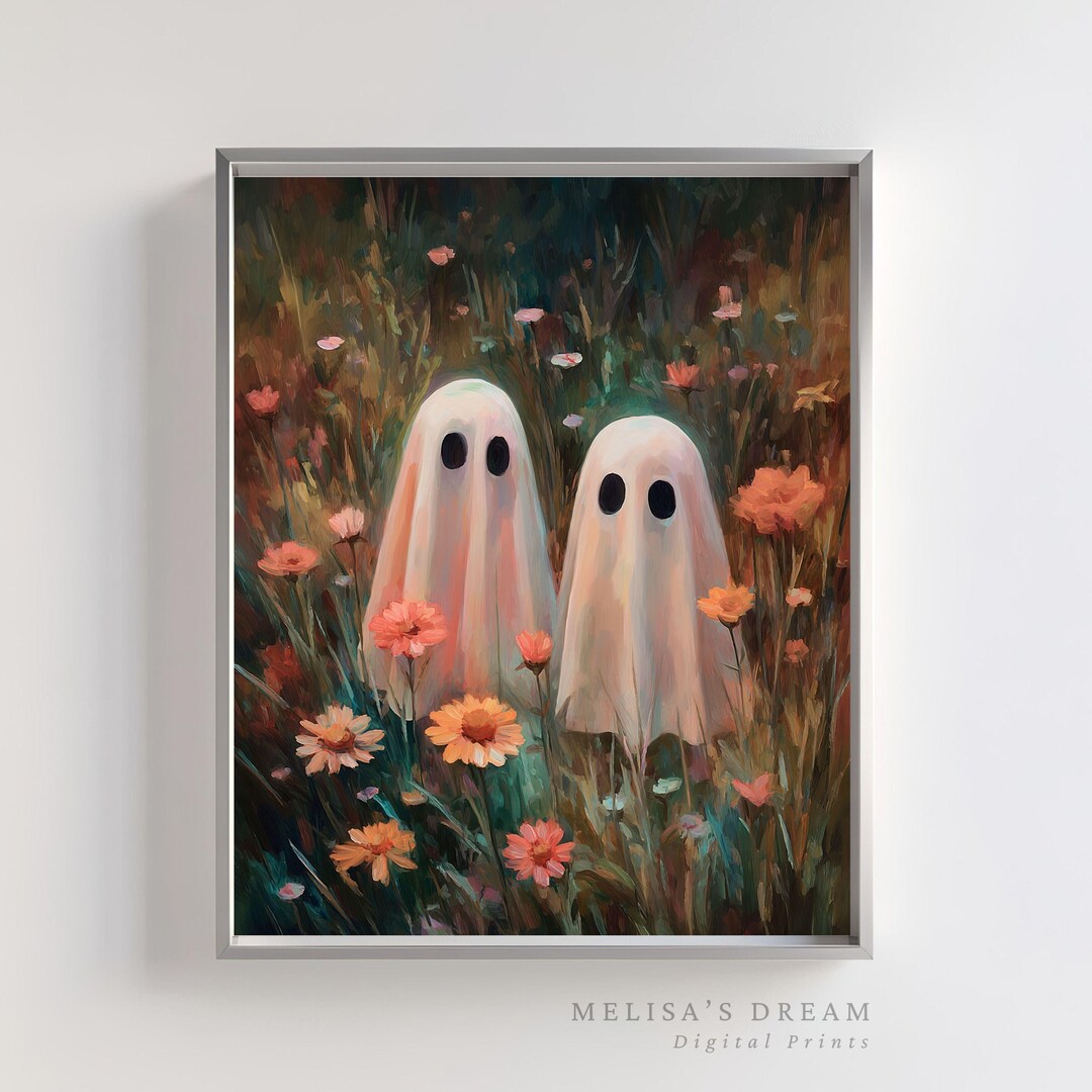 Halloween Floral Ghost Couple Print: Boho Cottagecore Wall Art (digital ...