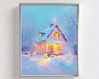 Cozy Christmas Cottage Art Print | Festive Winter Wonderland Scene ...