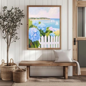 Coastal Wall Art Print Hydrangeas & Ocean View | Nautical Beach Cottage ...