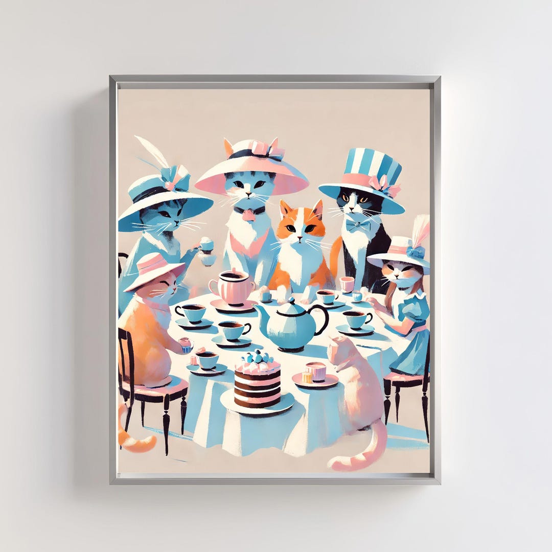 Cat Tea Party Printable Art | Whimsical Vintage Cat Illustration ...