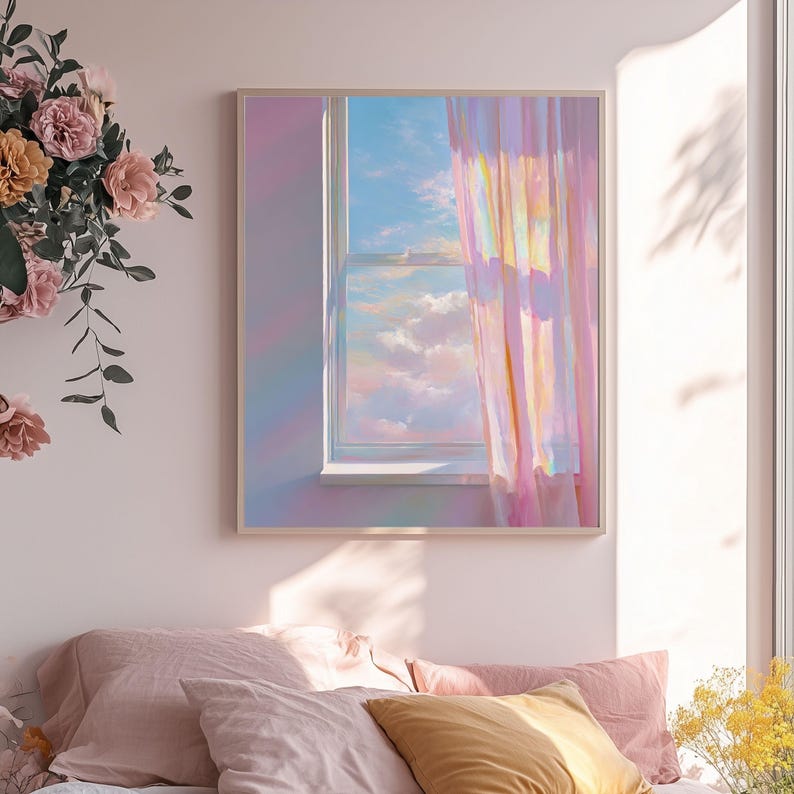 Pastel Window Art Print: Pink Curtains, Rainbow Sky (digital Download ...