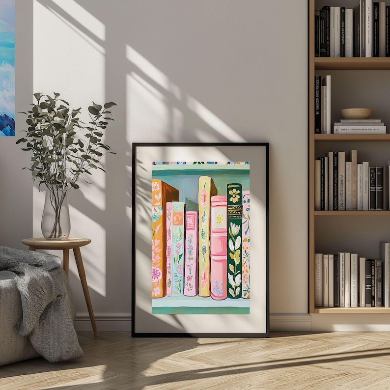 Pastel Book Stack Print | Whimsical Bookshelf Wall Art (digital ...