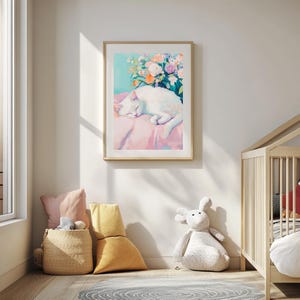 Modern Decorative Cute White Cat Painting | Pastel Flowers Aesthetics ...