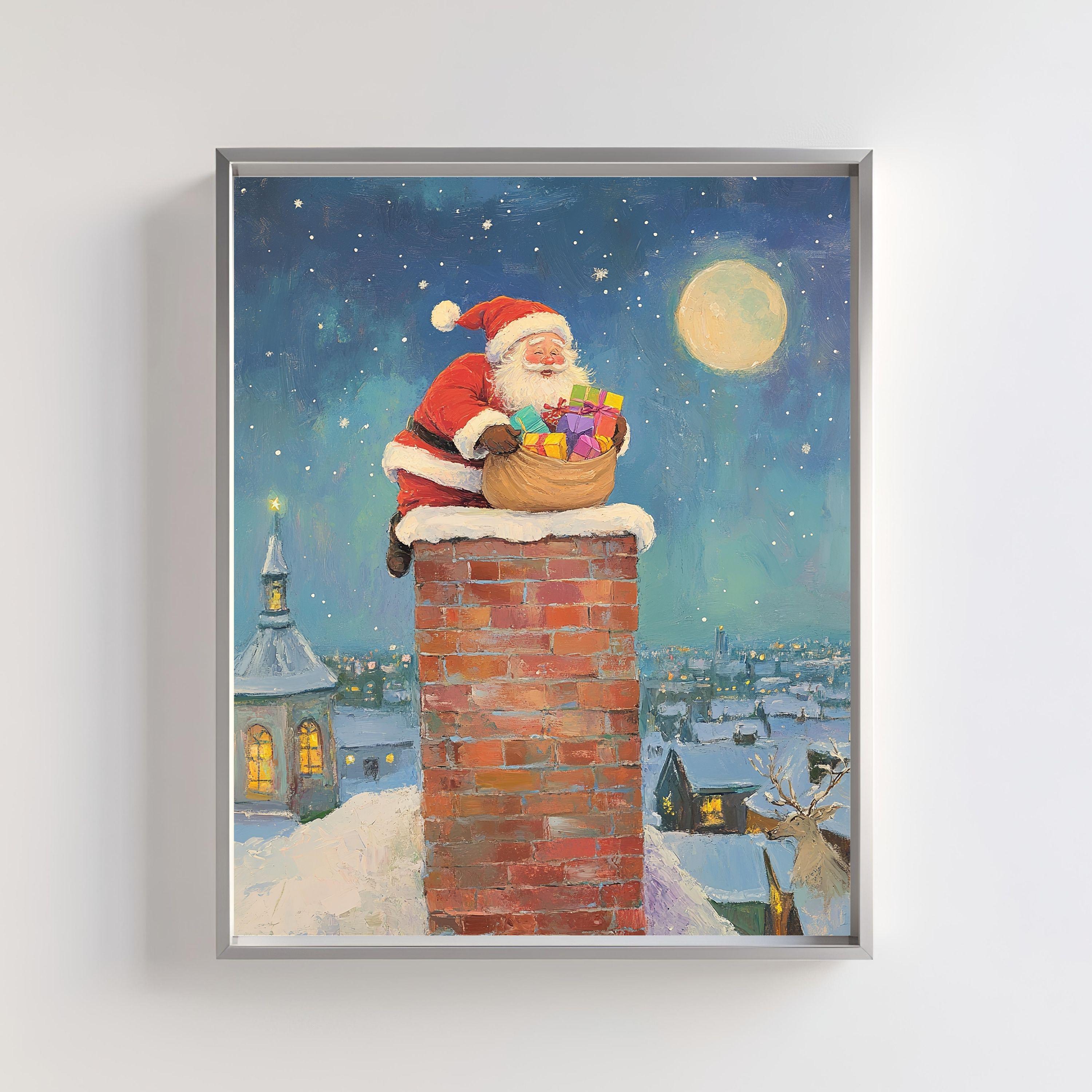 Christmas Chimney Art Santa Claus Illustration With Gifts Festive Wall ...