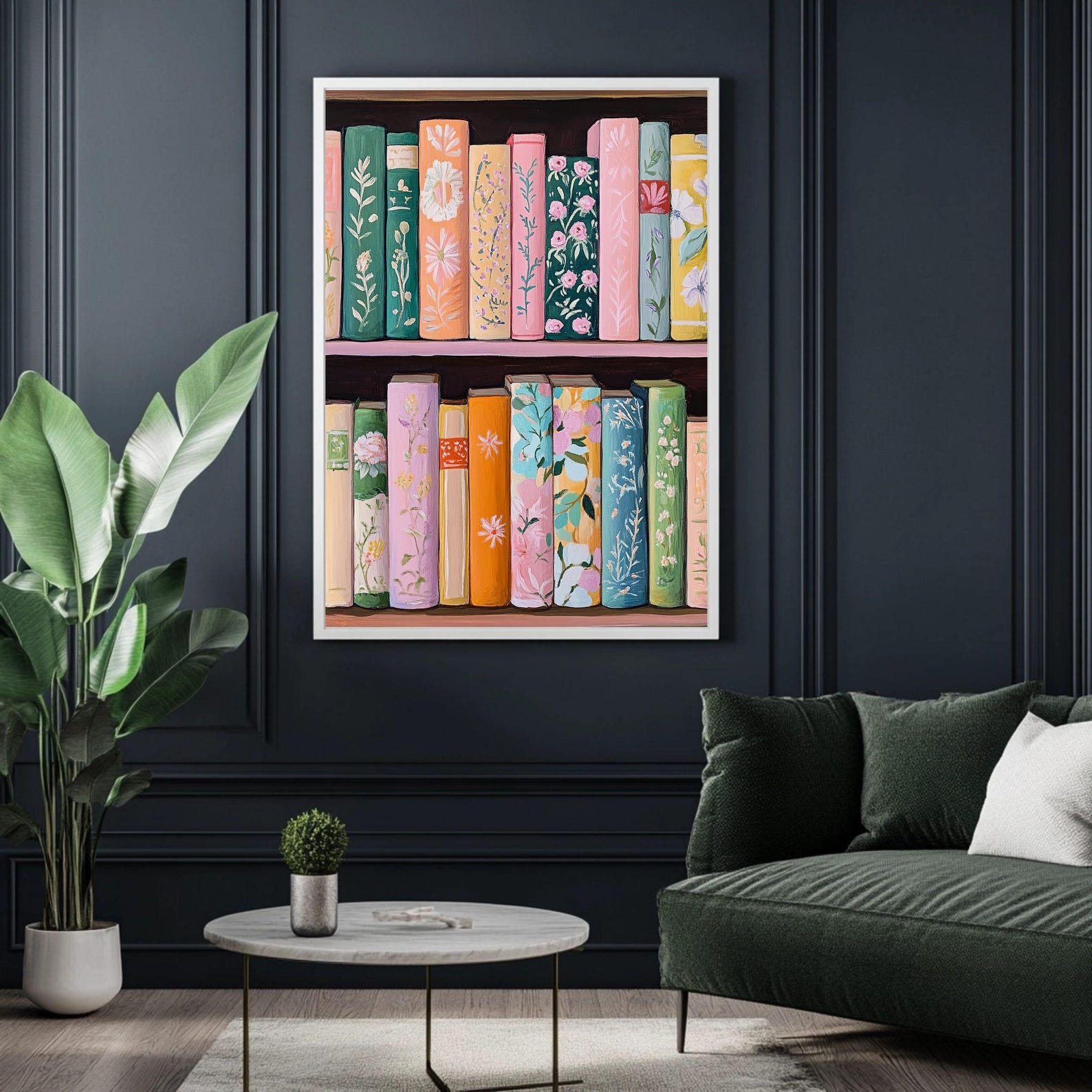 Floral Bookshelf Art Print: Pastel Book Spine Painting (digital ...