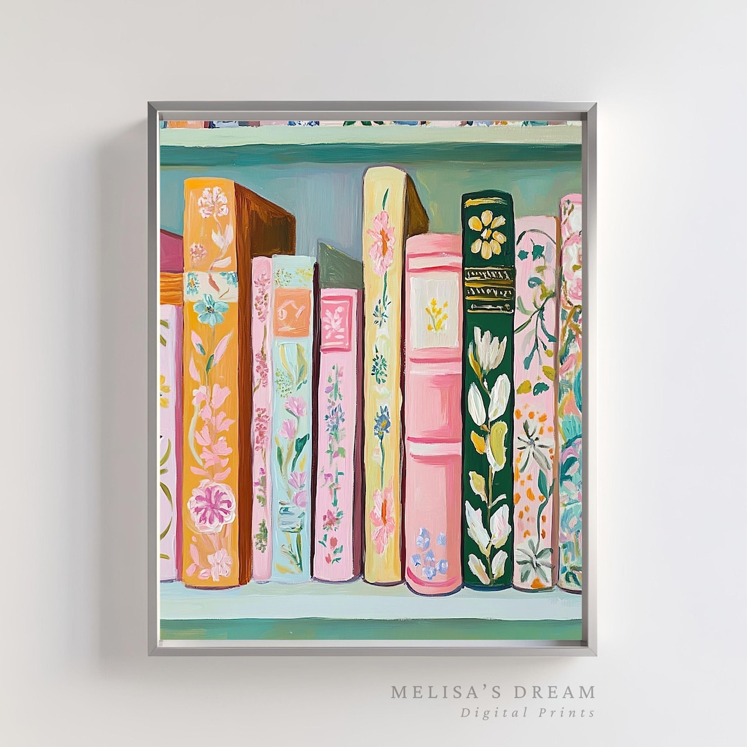 Pastel Book Stack Painting | Whimsical Bookshelf Wall Art | Reading ...