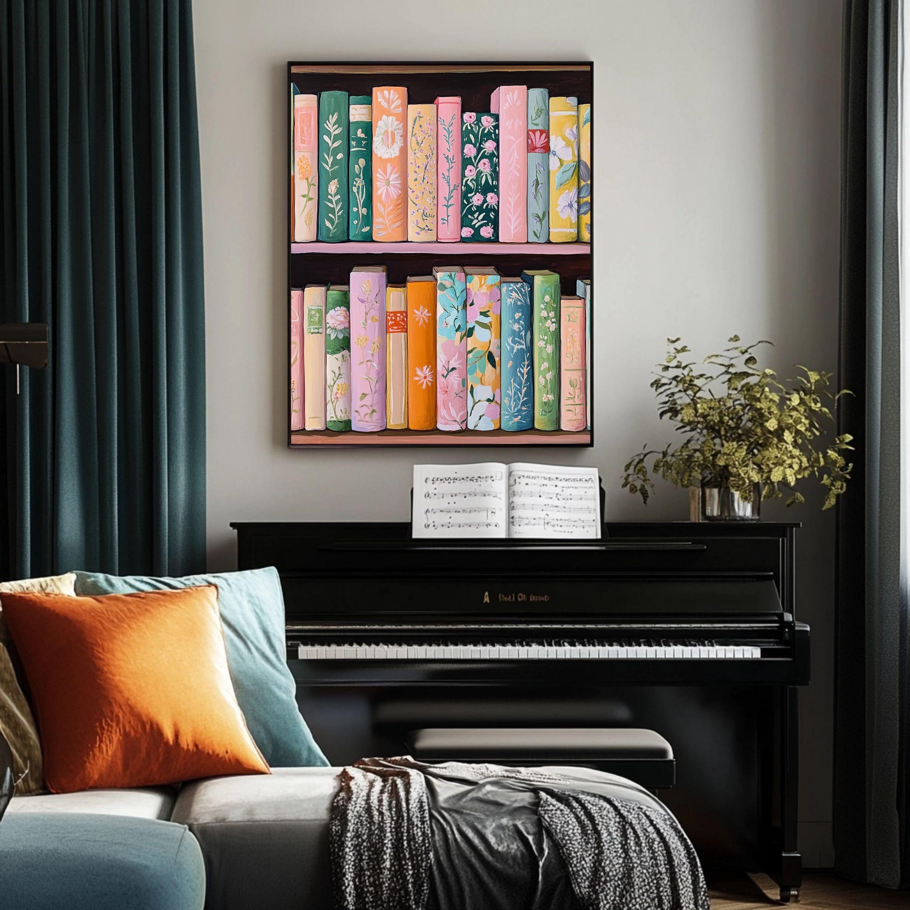 Floral Bookshelf Art Print: Pastel Book Spine Painting (digital ...