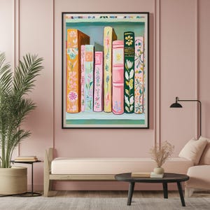 Pastel Book Stack Print | Whimsical Bookshelf Wall Art (digital ...