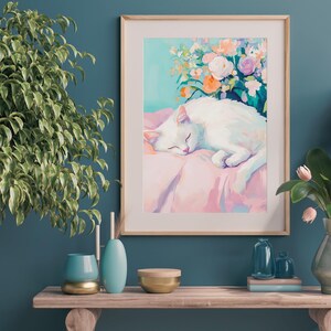 Modern Decorative Cute White Cat Painting | Pastel Flowers Aesthetics ...