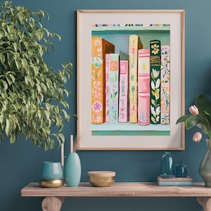 Pastel Book Stack Print | Whimsical Bookshelf Wall Art (digital ...
