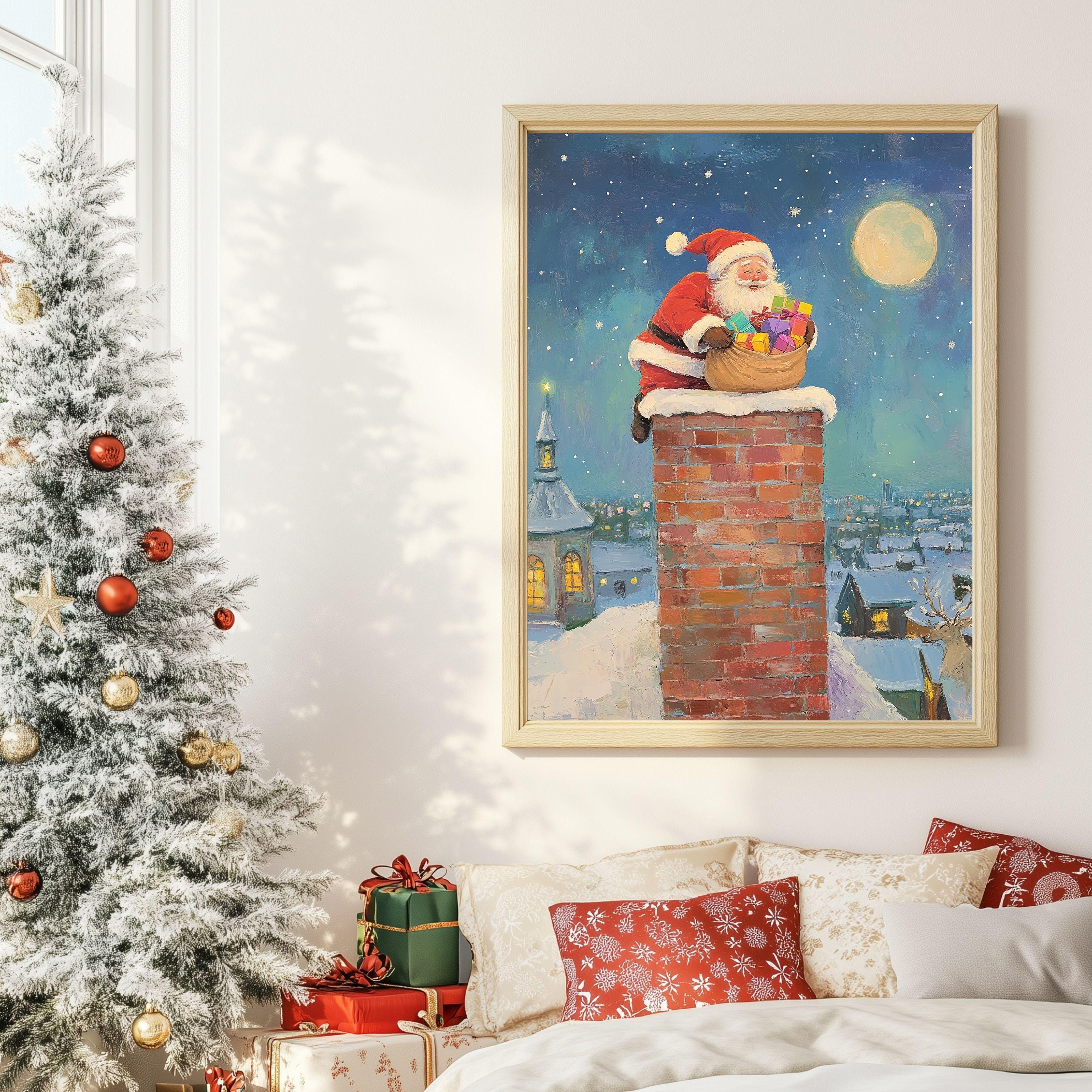 Christmas Chimney Art Santa Claus Illustration With Gifts Festive Wall ...