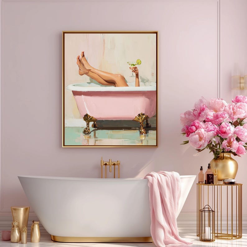 Pink Clawfoot Bathtub Art Print | Glam Self Care Bathroom Decor ...