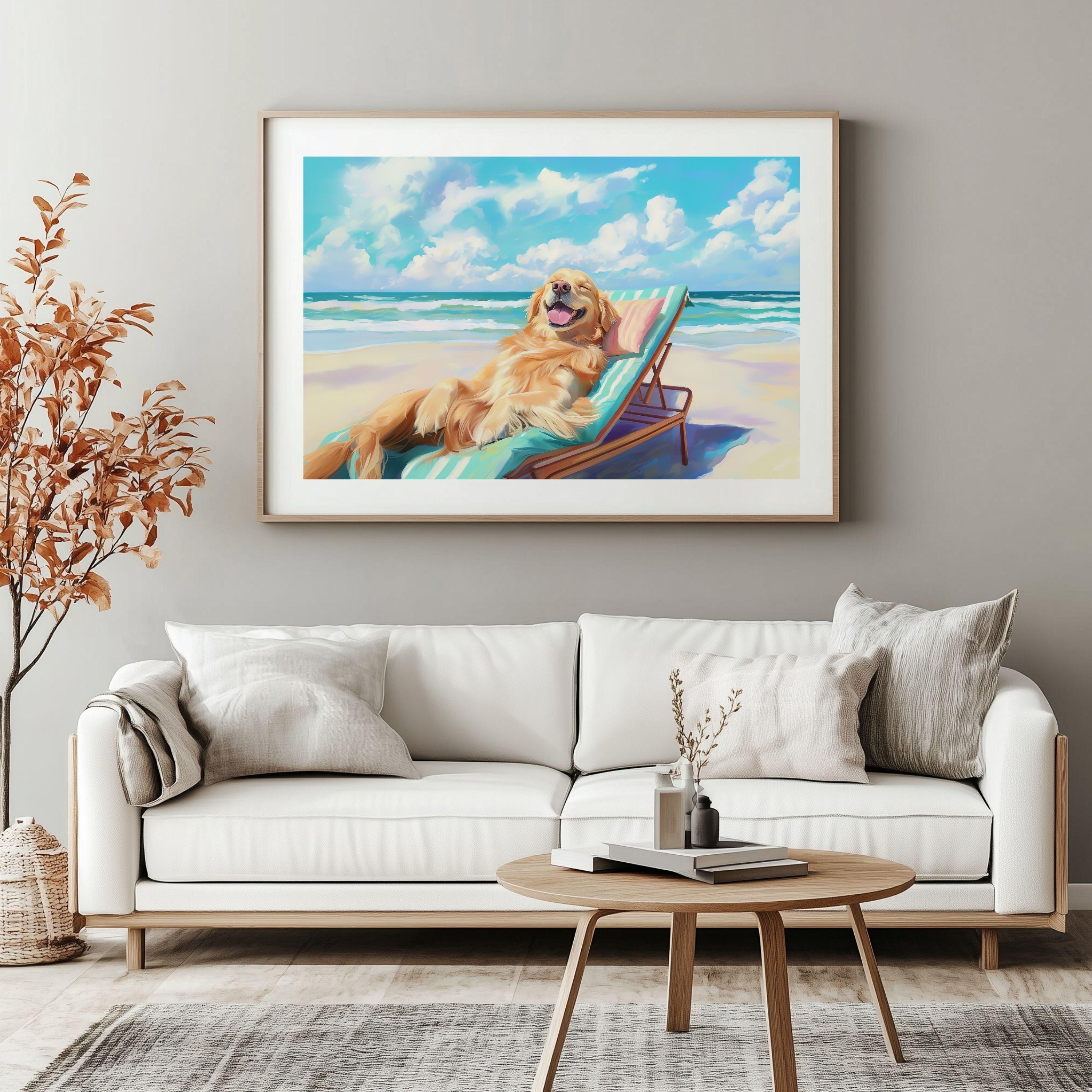 Beach Dog Art Print: Golden Retriever Coastal Decor (digital Download ...