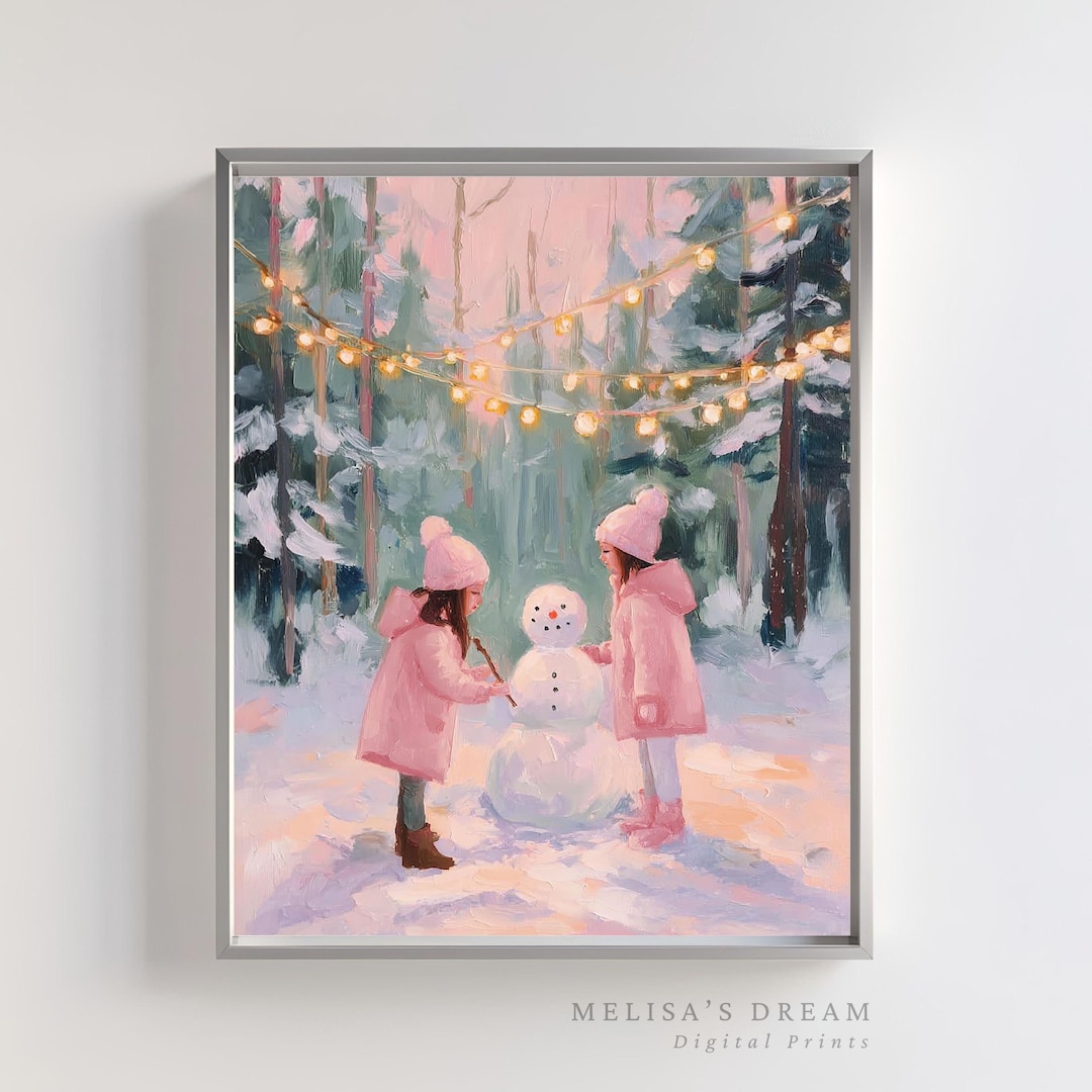 Winter Wonderland Printable Art | Girls Building Snowman | Cozy Holiday ...
