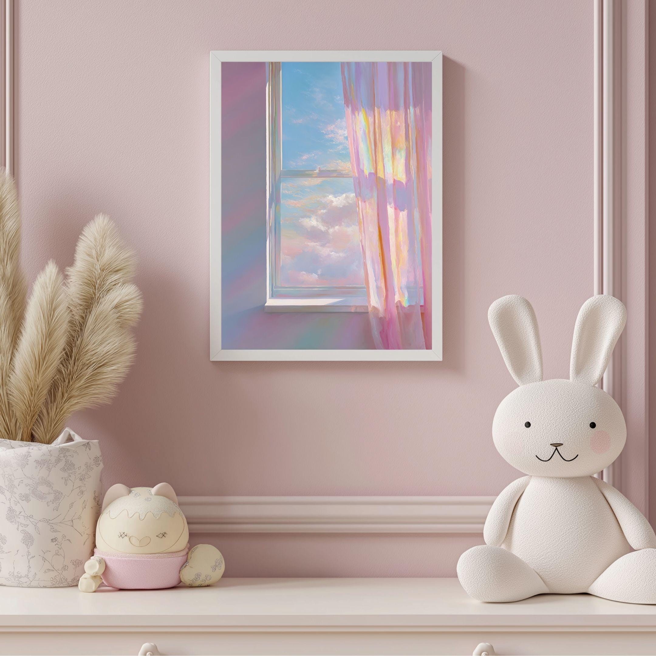 Pastel Window Art Print: Pink Curtains, Rainbow Sky (digital Download ...