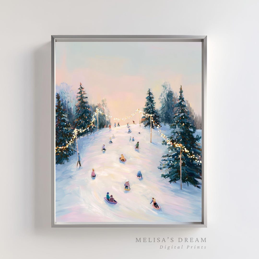 Winter Sledding Scene Art Print | Snowy Landscape, Kids on Hill ...