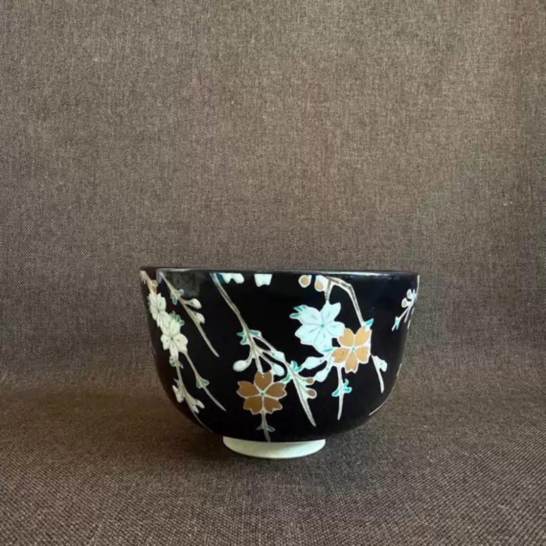 Japanese Vintage Matcha Bowl With Handpainted “black Ninsei ...
