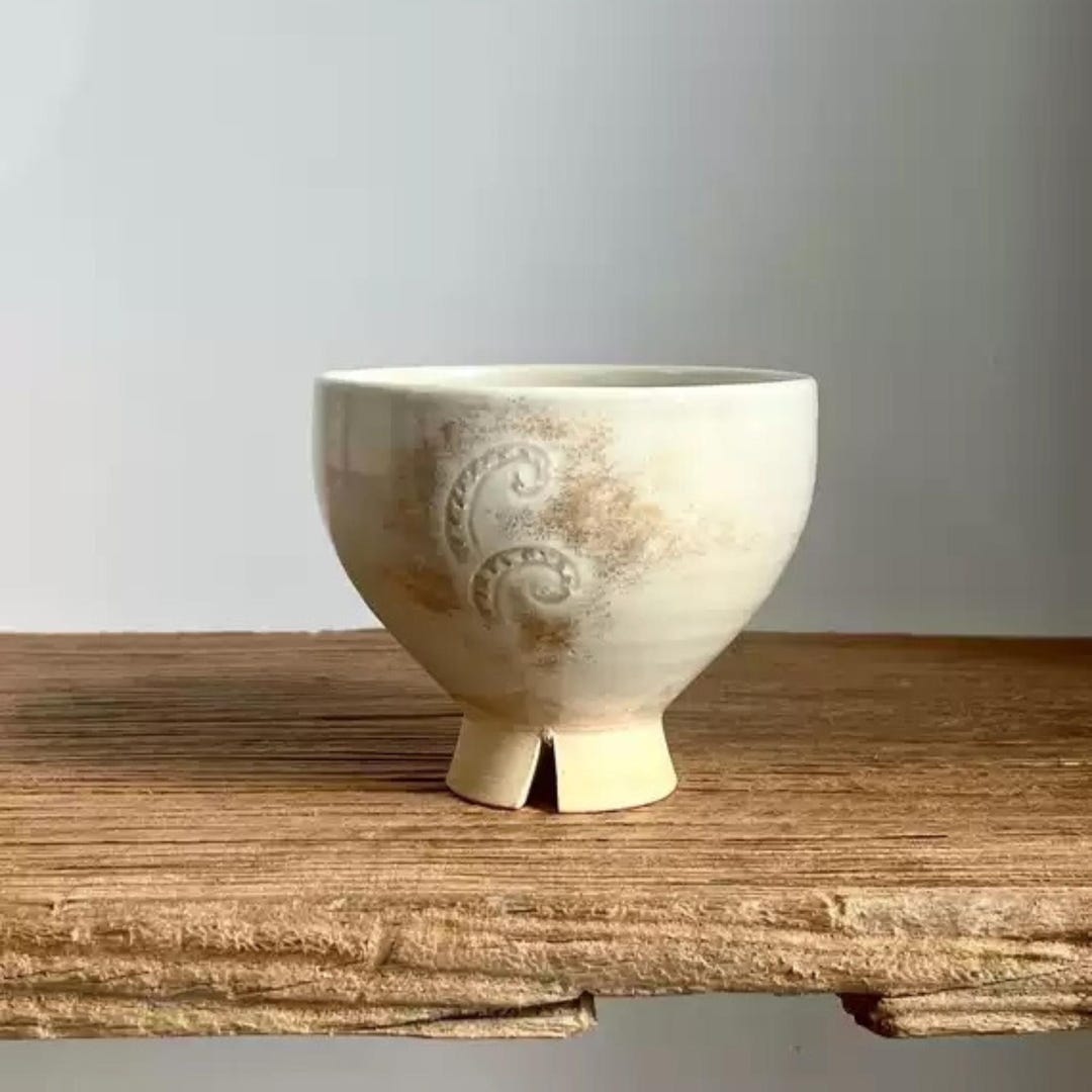 Japan Vintage High-cut Foot Retro Cream White Matcha Bowl With Gold ...