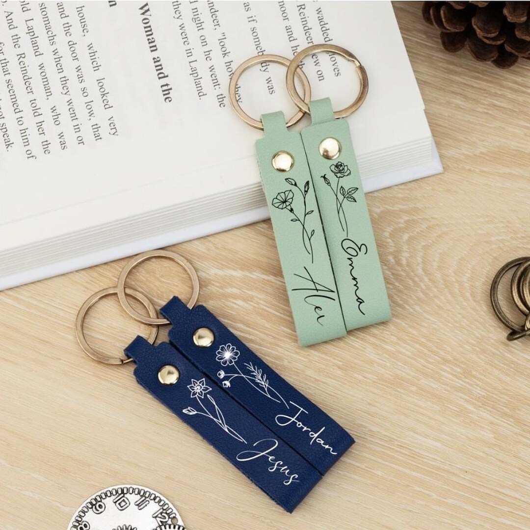 Personalized Birth Flower Leather Keychain, Leather Keyring, Bag Tags ...
