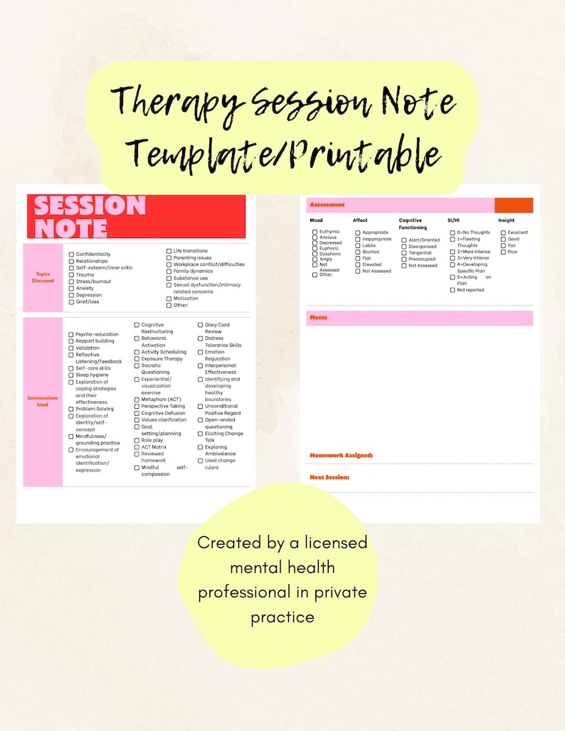 Therapy Session/progress Note Template - Etsy