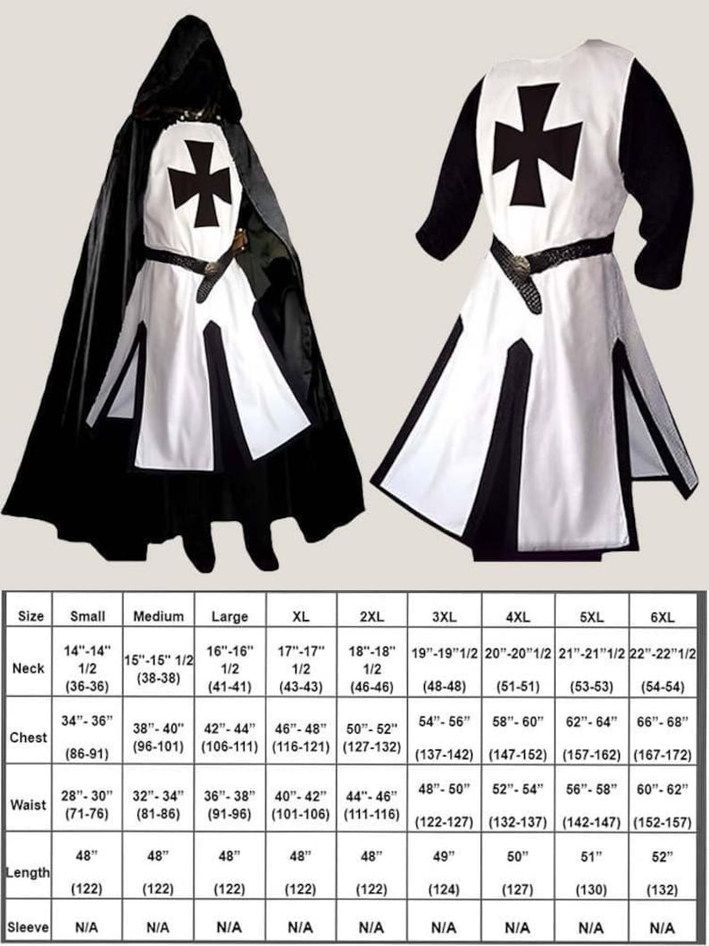 Knight Templar Costume Set - Cotton Surcoat & Hooded Cloak, Crusader ...