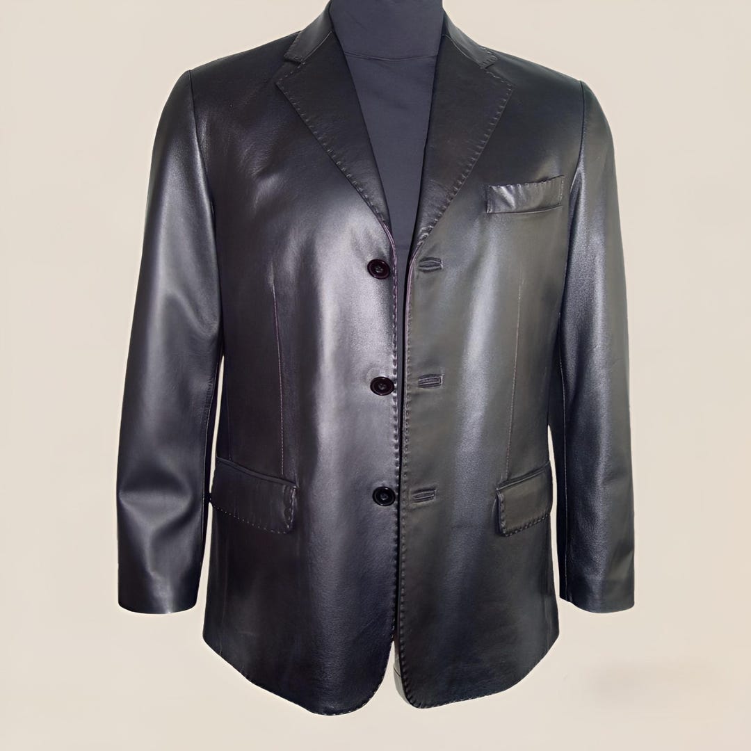 Handmade Leather Blazer for Men Real Lambskin Men Blazer Black Leather Blazer Men Formal Black ...