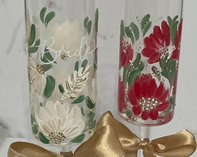 Hand Painted Champagne Flutes Glasses Modern Design White Flowers ...