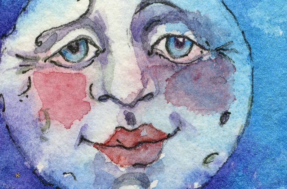 Blue Moon, Moon Painting, Moon Face, Moon and Stars, Nursery Decor ...