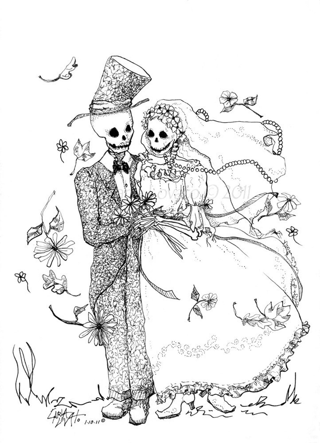 Day of the Dead, Skeleton Bride and Groom, Skeleton Wedding, 8.5 X 11 ...