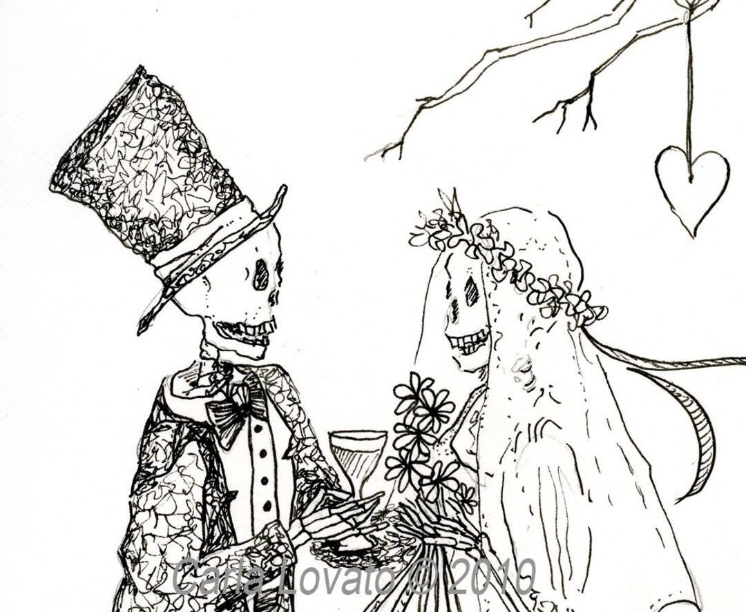 Skeleton Wedding, Day of the Dead, Ink Illustration, Bride and Groom ...