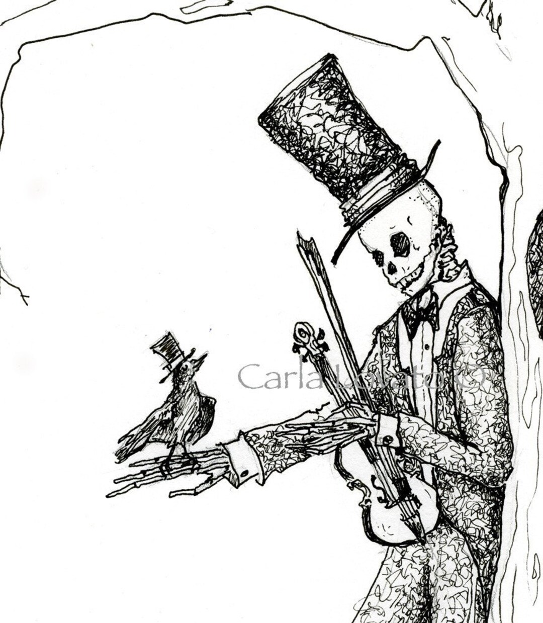 Skeleton With Fiddle and Crow, Pen and Ink Illustration, 8.5 X 11 Inch ...