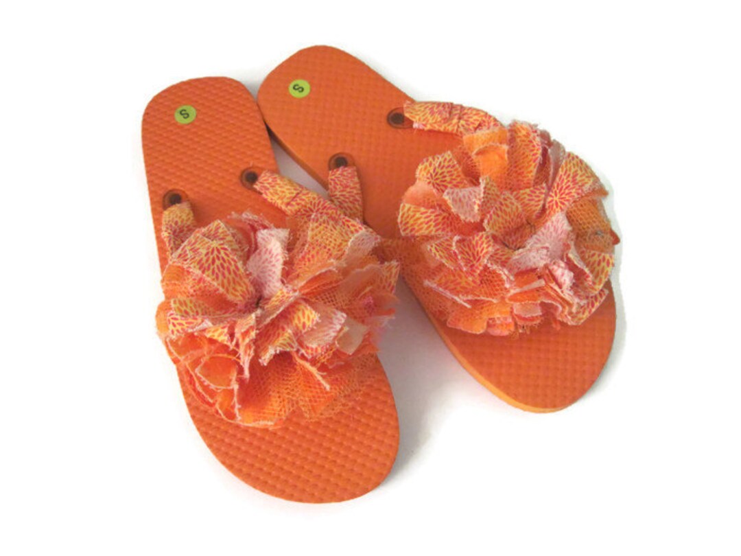 Decorated Flip Flops Orange Print Floral Trim Summer Beach Boho - Etsy