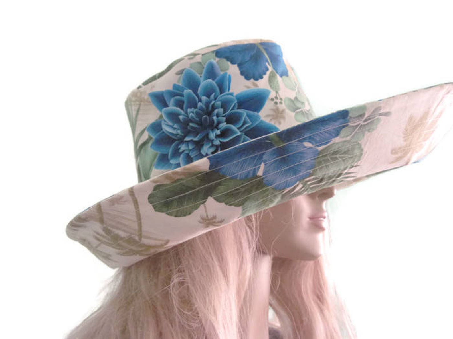Tropical Floral Print Women Wide Brim Sunhat Blue White Flower Print ...