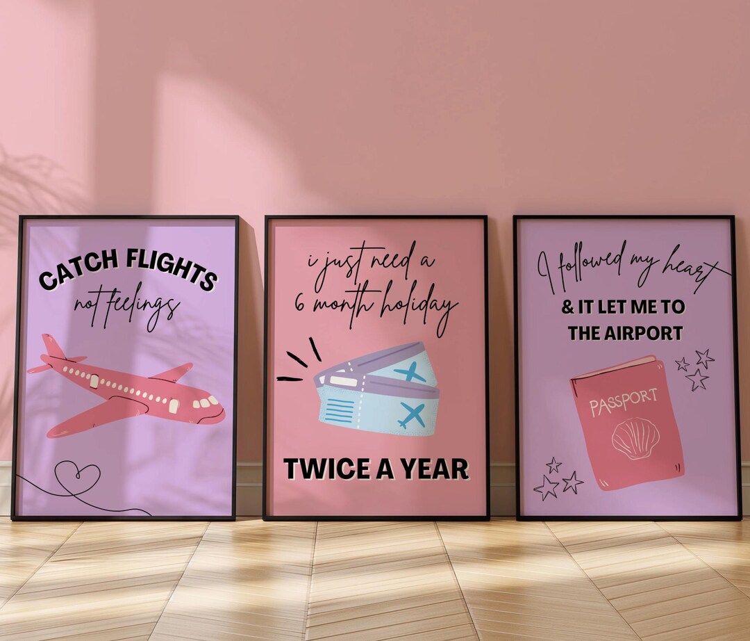 Digital Travel Pink and Lilac Poster Set, Holiday Flights Modern Cute ...
