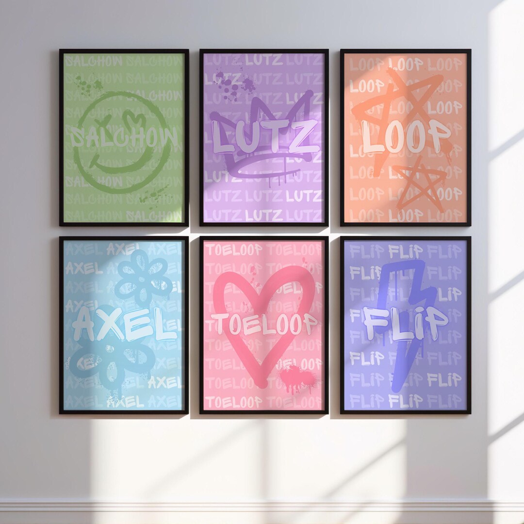 Digital | 6 Figure Skating Neon Graffiti Letters Jumps, Girls Room Wall ...
