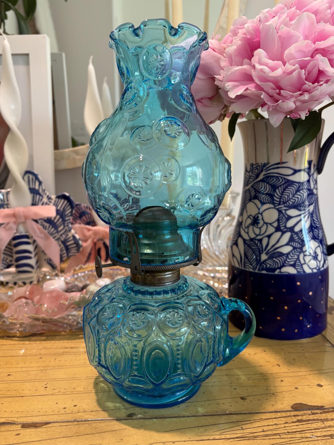 Vintage Moon and Stars Oil Lamp, Blue Moon and Stars Kerosene Lamp ...