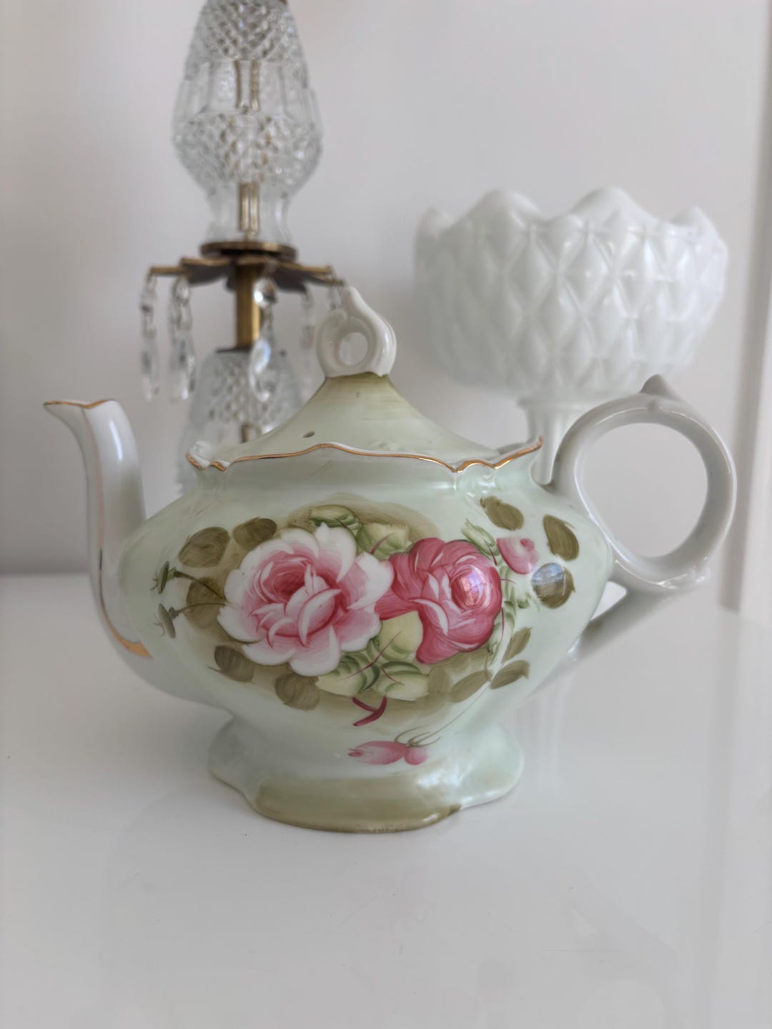 Vintage Lefton China Teapot Green Heritage Rose Teapot Music Boxnot ...
