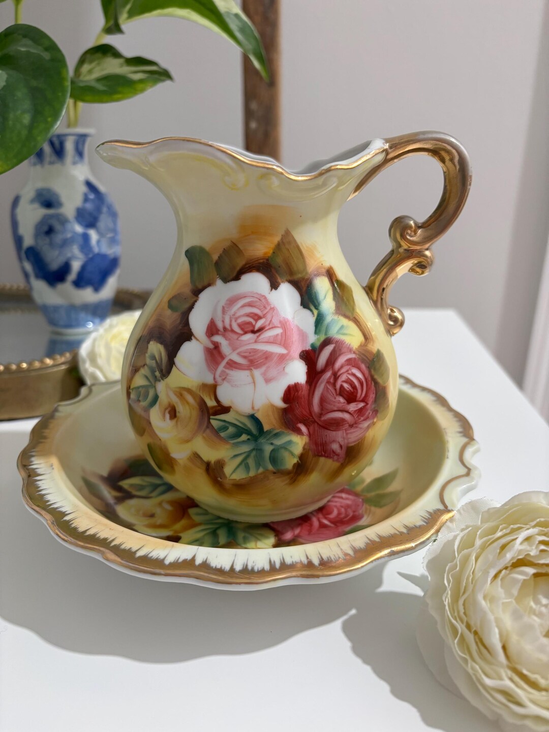 Vintage Rose Pitcher and Wash Bowl - Etsy