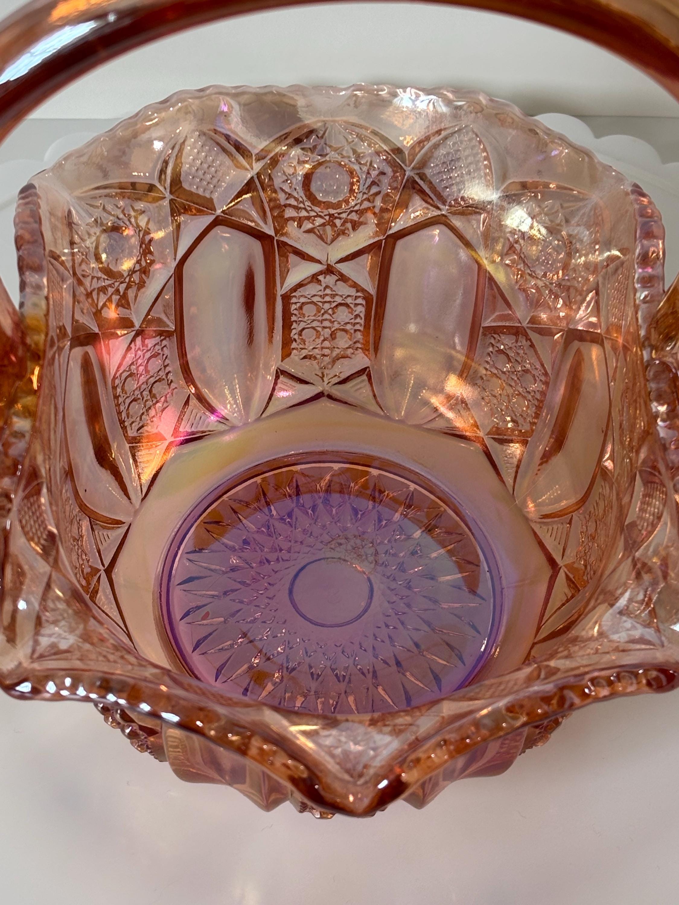 Vintage LE Smith Glass Basket Peach Lustre Quintec Pattern - Etsy